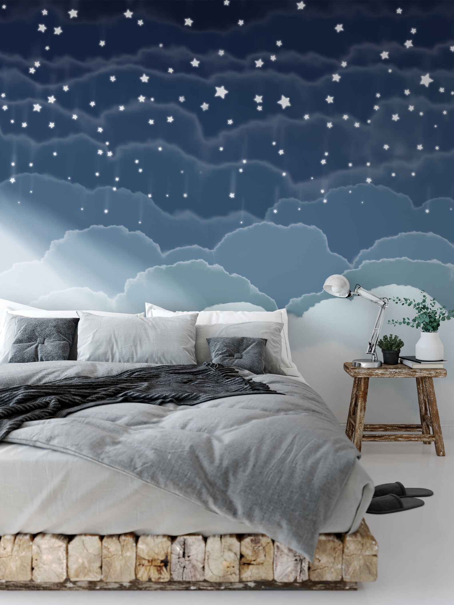 Pastel Night Sky Falling Stars and Shining Moon Wallpaper / - Etsy