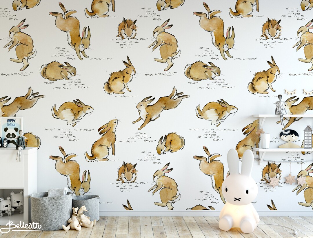 Rabbit Hare Peel and Stick Wallpaper // Nursery Baby Room Wall - Etsy