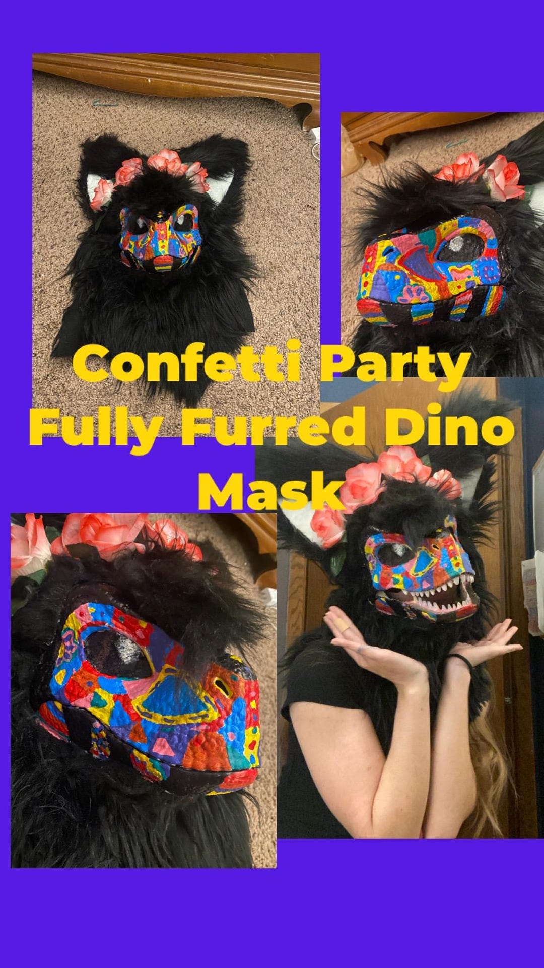 Confetti Party Kidcore Fully Furred Dino Mask - Etsy
