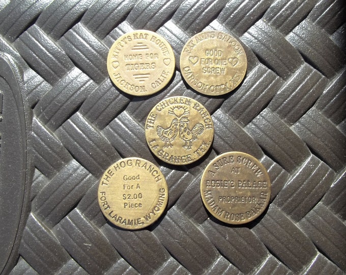 5 Brass Brothel Tokens Whore House Rosies Palace A Sure Screw the ...