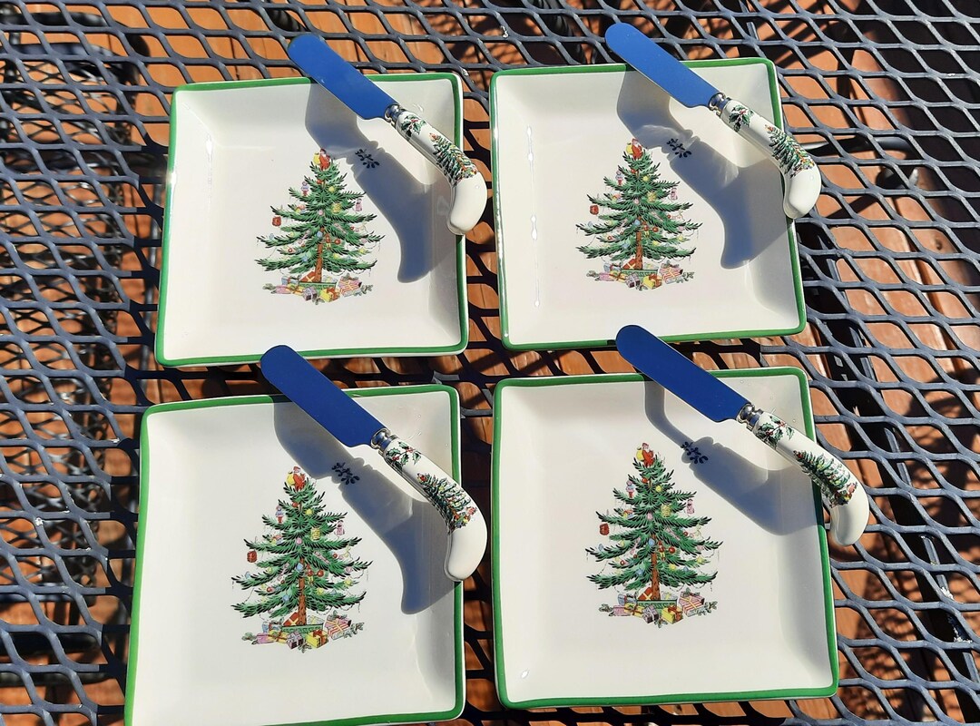Spode Christmas Tree Santa Tidbits Plates & Spreaders in Boxes 4 Square ...