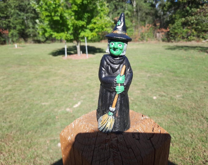 Cast Iron Halloween Witch Bobble Head With Broomstick Collectible Trick ...