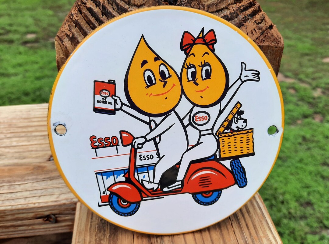 Vintage Style Porcelain ESSO Oil Drop Boy Girl on Scooter Sign Door ...