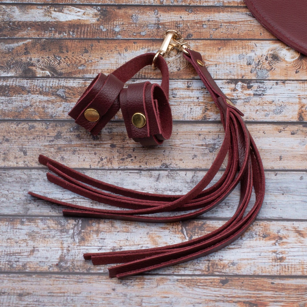 Burgundy Leather Keychain – Mini Handcuffs & Whip, Kinky Keychain ...