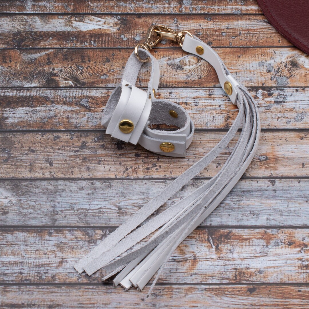 White Leather Keychain – Mini Handcuffs & Whip, Kinky Keychain, Fetish ...