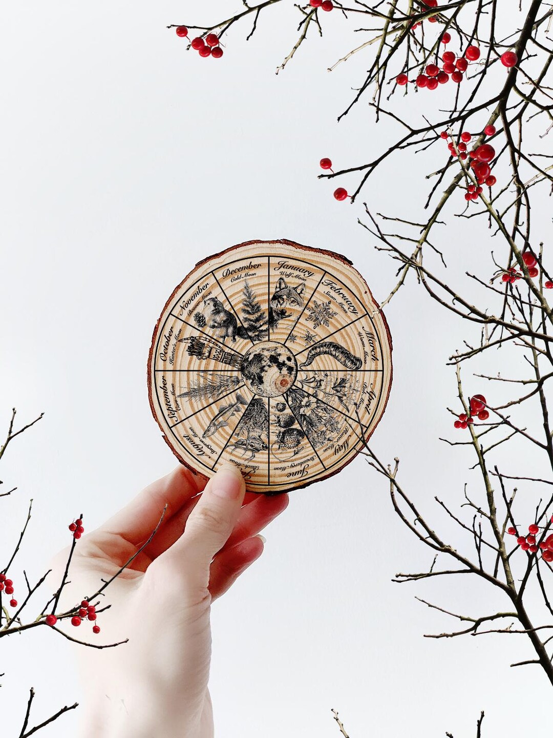 Full Moons Wheel of the Year Plaque - XL Wood Slice Holiday Decoration ...