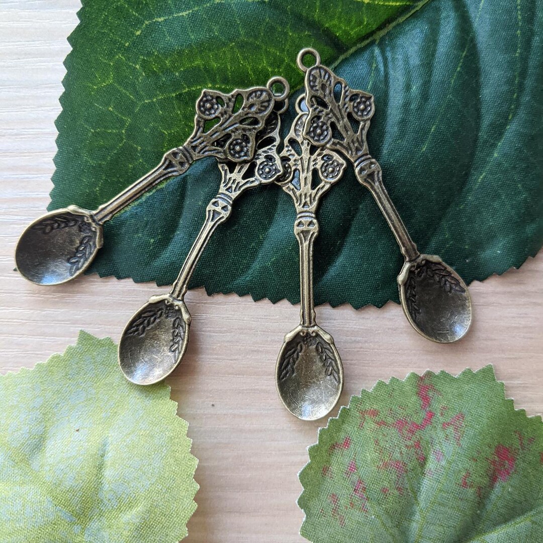 Tiny Herbal Spoons Set - Sets of 4 - Cute Mini Witchy Salt Cellar Spoons Pendants - Bronze ...