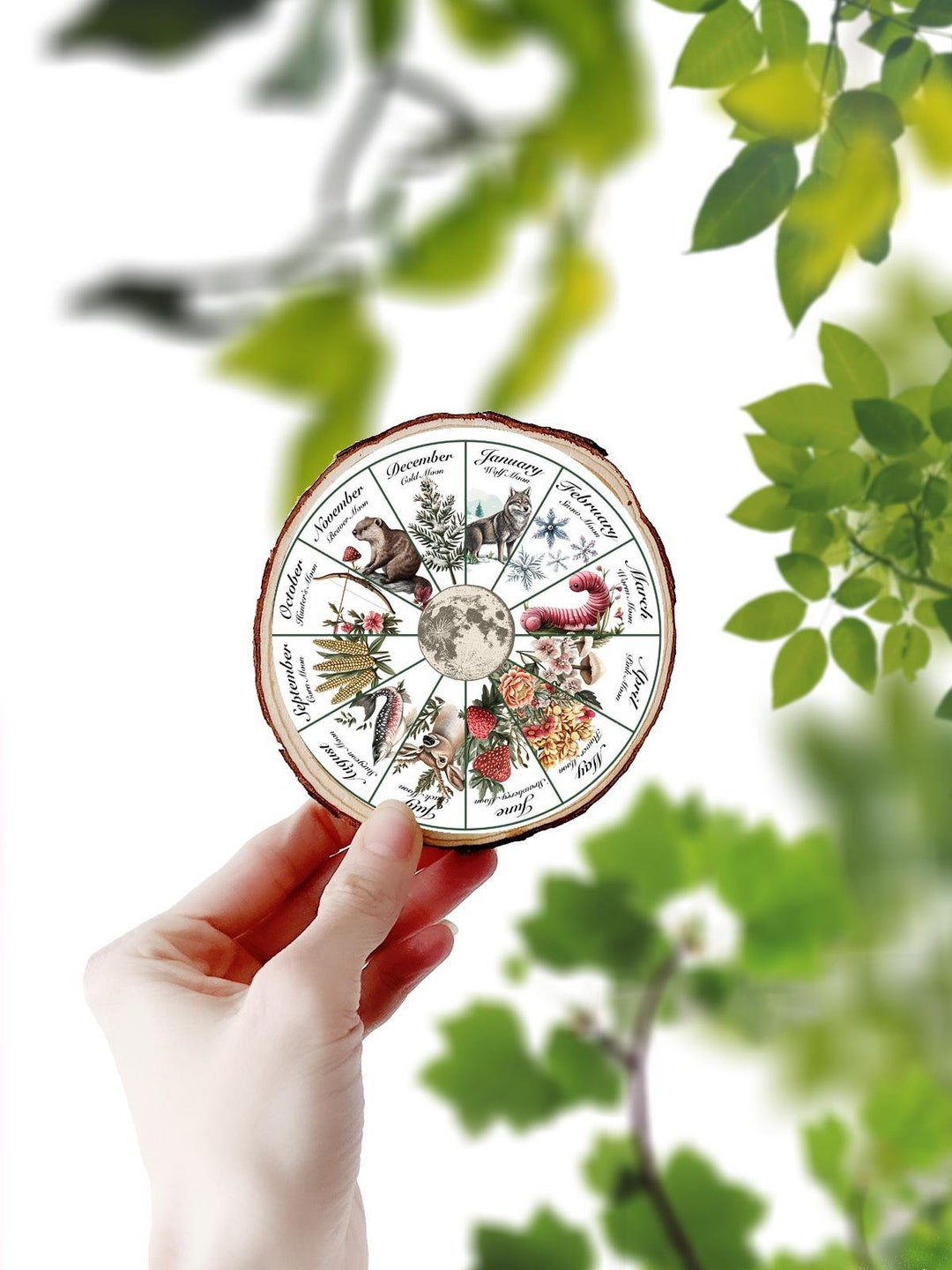 Full Moons Wheel of the Year Plaque - XL Wood Slice Holiday Decoration ...