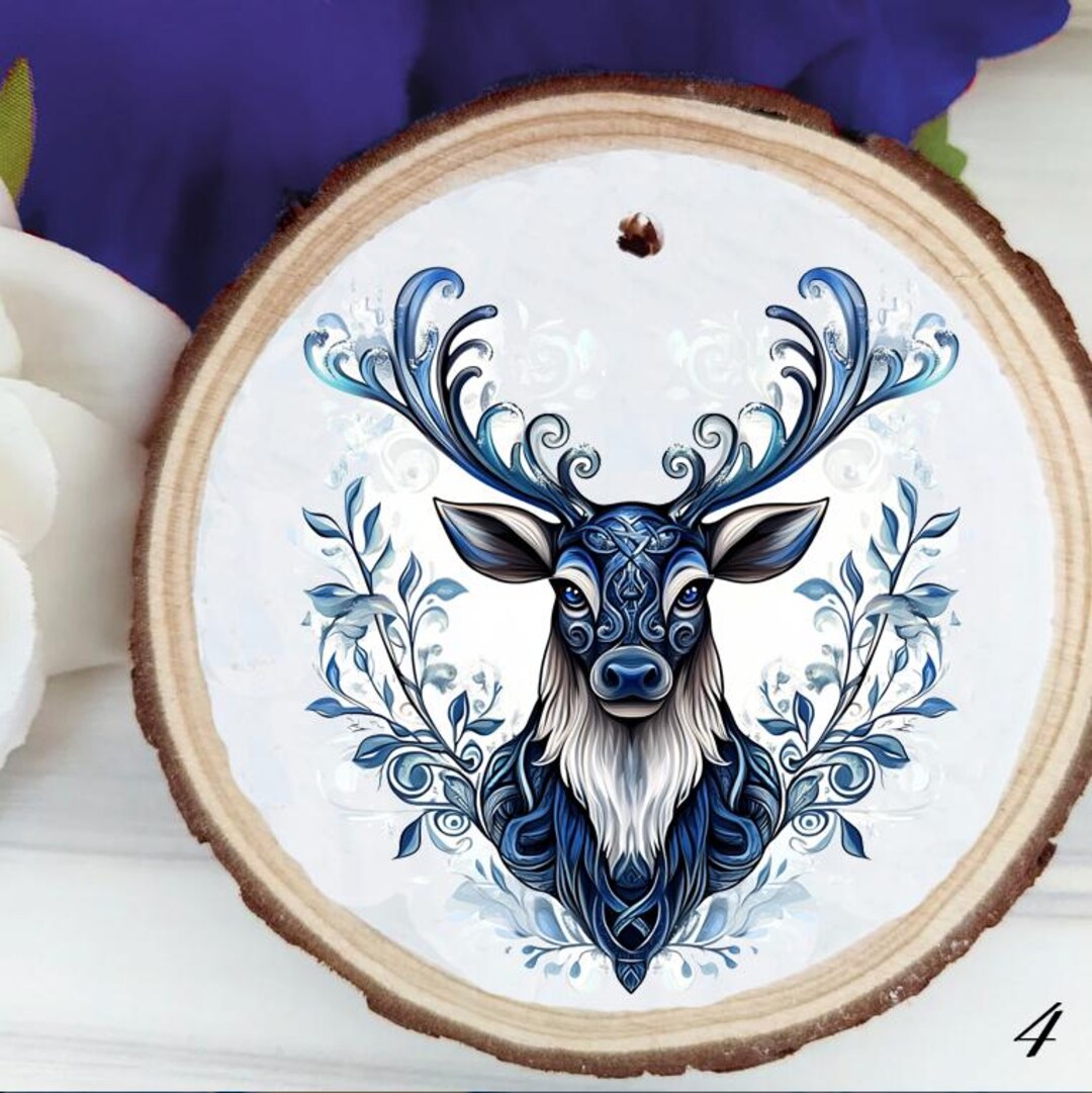 Yule Ornament - Large Wood Slice - Reindeer Caribou and Yule Logs ...