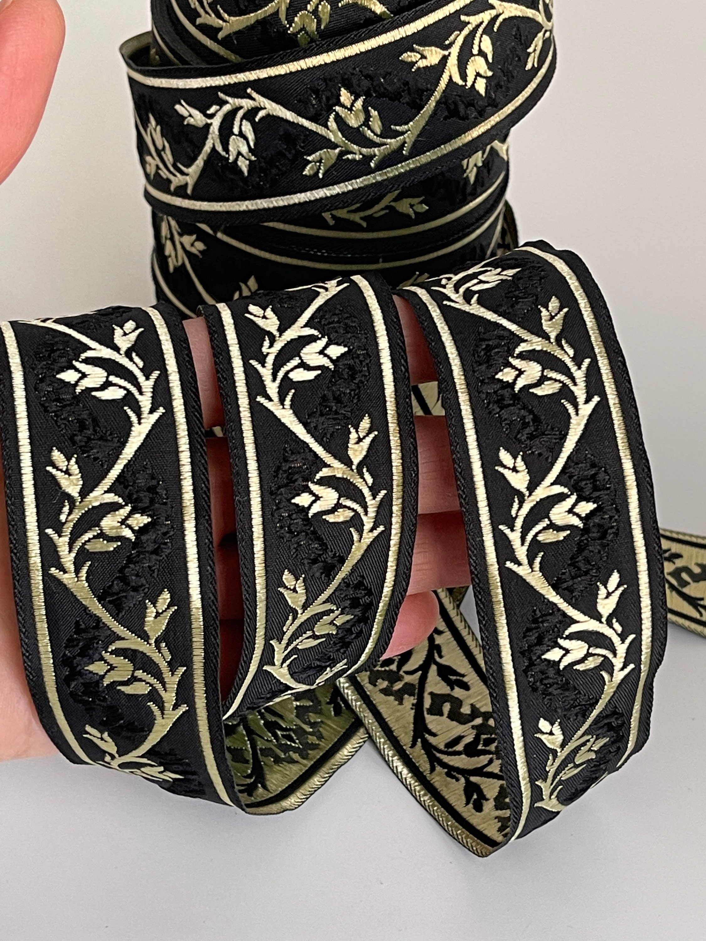 35mm Jacquard Embroidered Braid Floral Stem Motif Braid Woven Ribbon ...