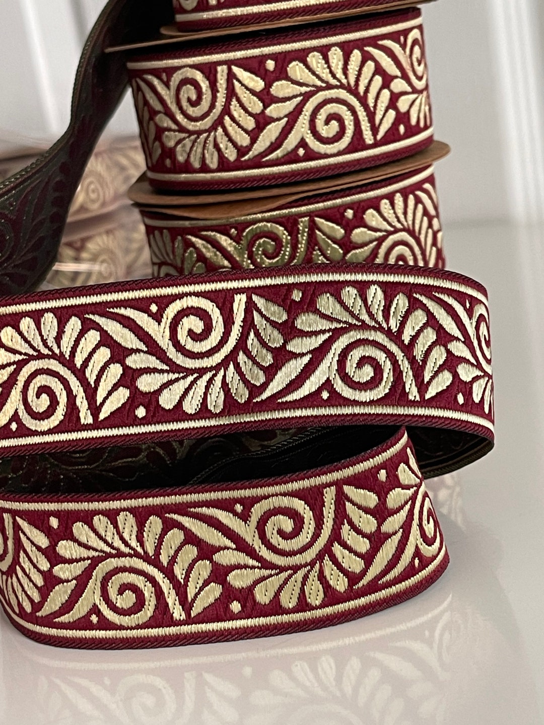 Burgundy and Gold Jacquard Embroidered Braid, Spartan Helmet Pattern ...