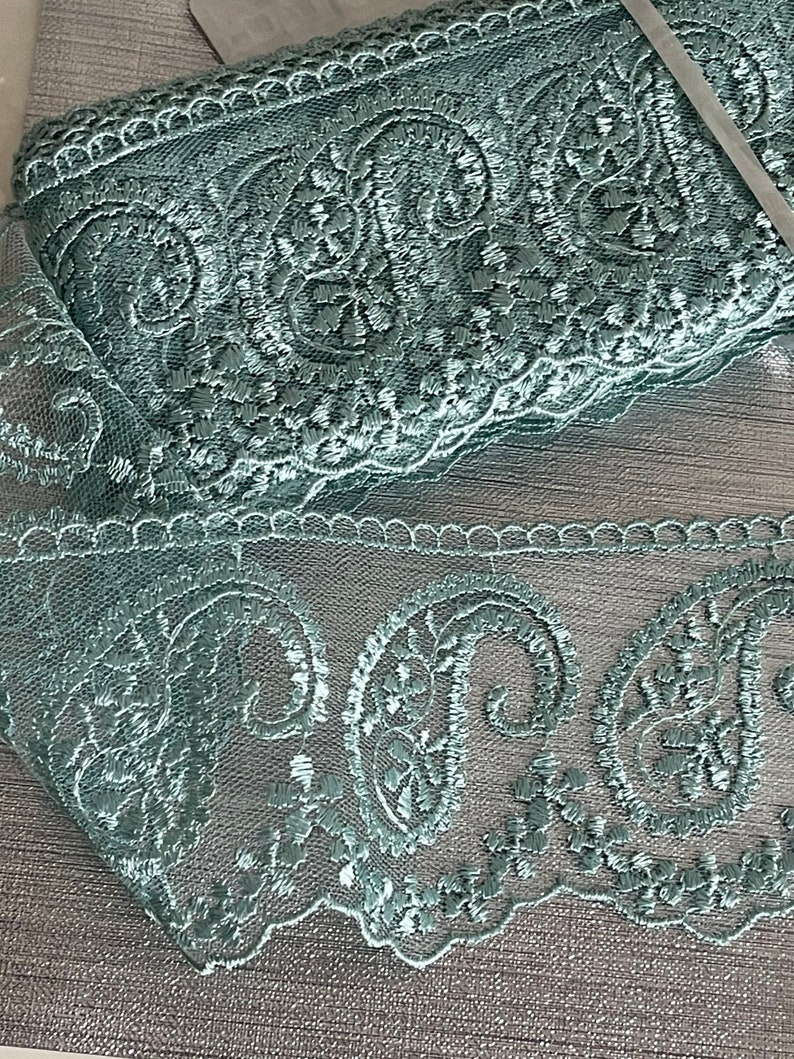 Handmade Lace Embroidered on Turquoise Blue Tulle Embroidered Lace Leaf ...
