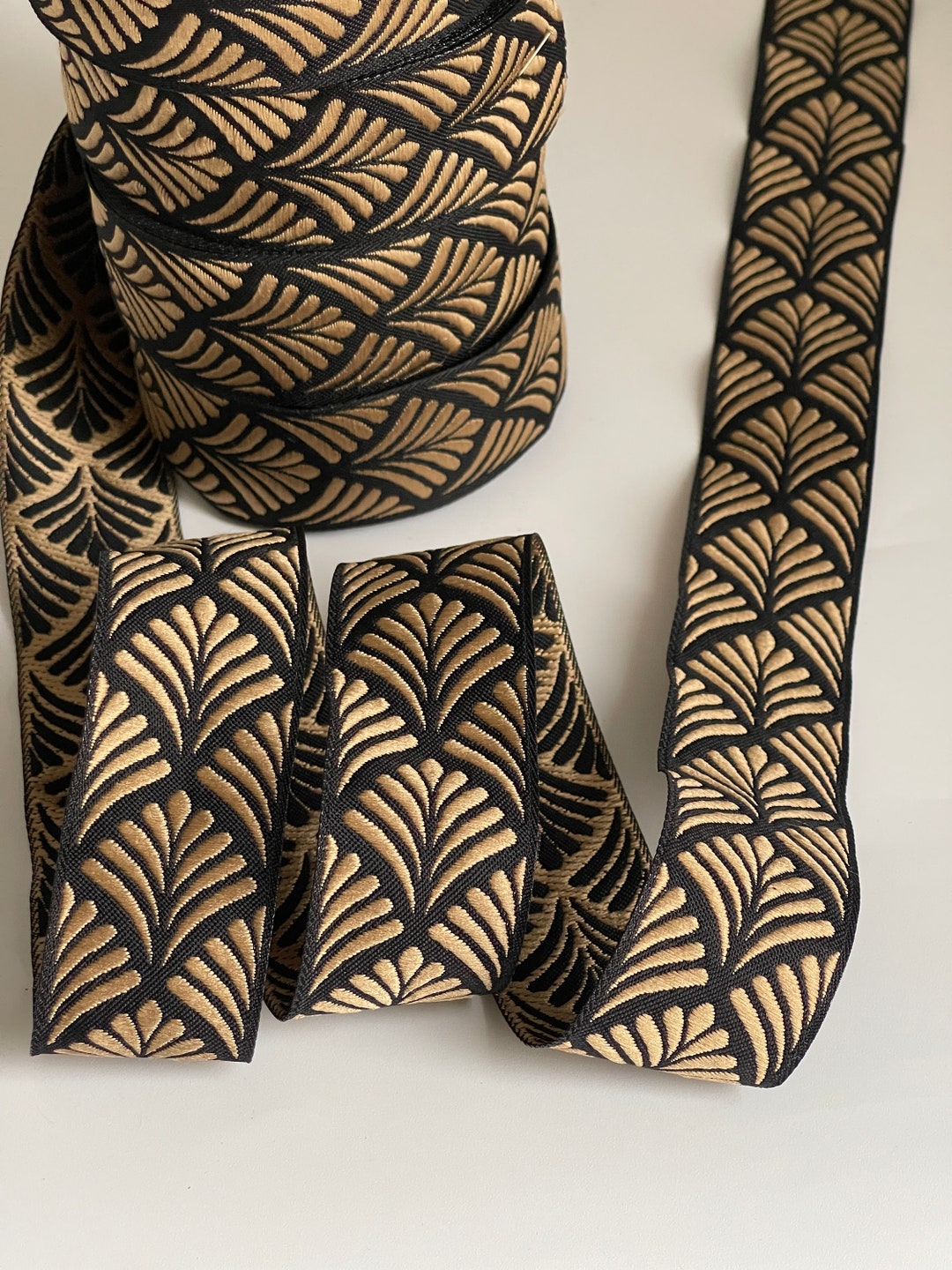 Embroidered Ribbon With Shell Motifs, Woven Jacquard Shell Braid, Black ...
