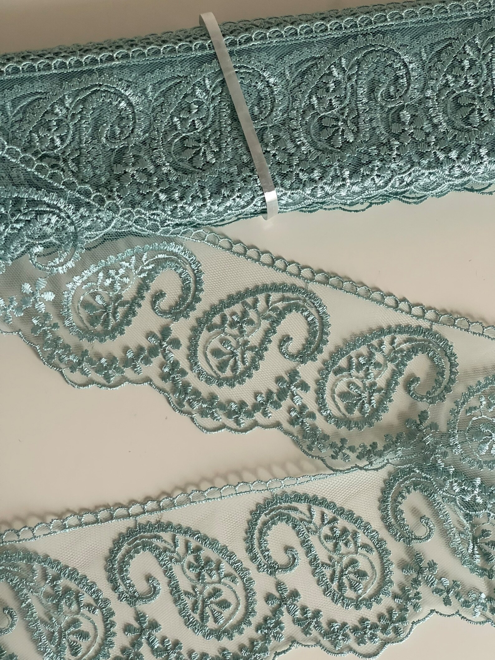 Handmade Lace Embroidered on Turquoise Blue Tulle Embroidered Lace Leaf ...
