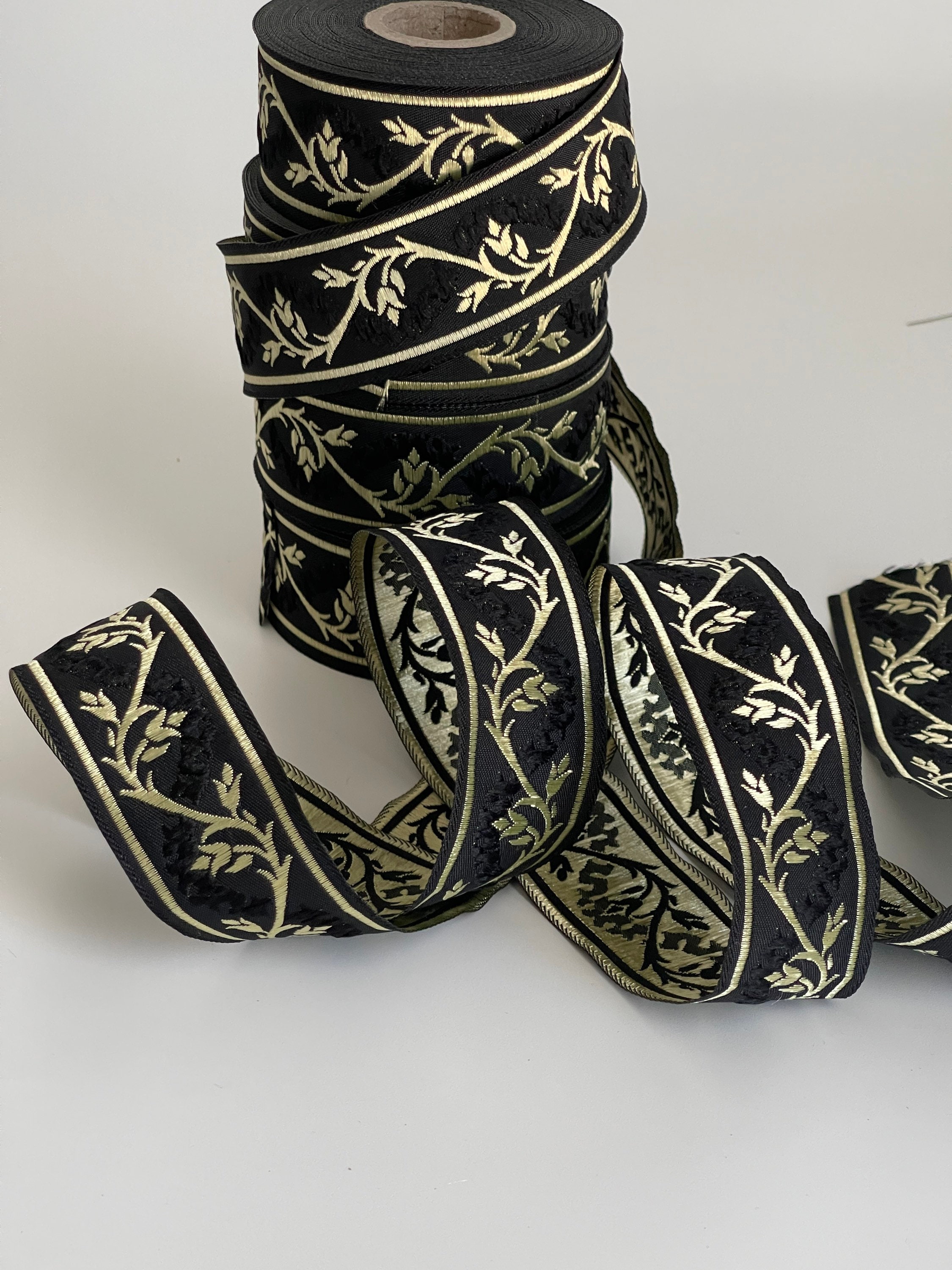 35mm Jacquard Embroidered Braid Floral Stem Motif Braid Woven Ribbon ...
