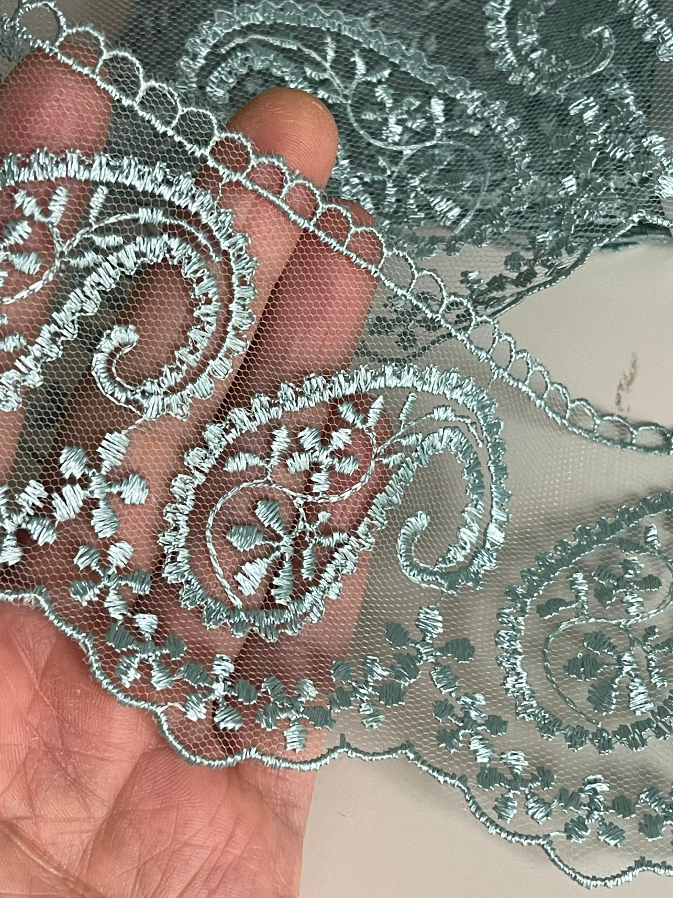 Handmade Lace Embroidered on Turquoise Blue Tulle Embroidered Lace Leaf ...