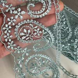 Handmade Lace Embroidered on Turquoise Blue Tulle Embroidered Lace Leaf ...