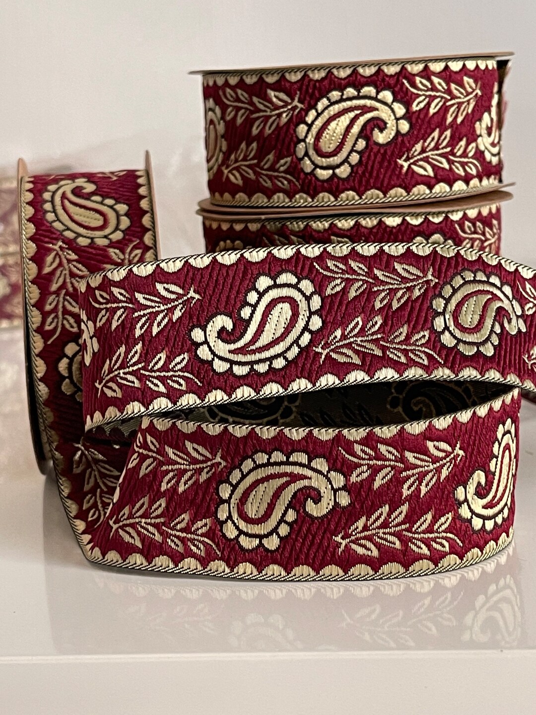 Medieval Leaf Pattern Braid, 35 Mm Jacquard Embroidered Braid, Burgundy ...