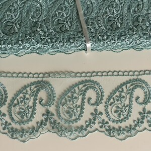 Handmade Lace Embroidered on Turquoise Blue Tulle Embroidered Lace Leaf ...