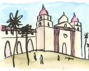 Mission Santa Barbara Watercolor Print, California Mission, Mission ...