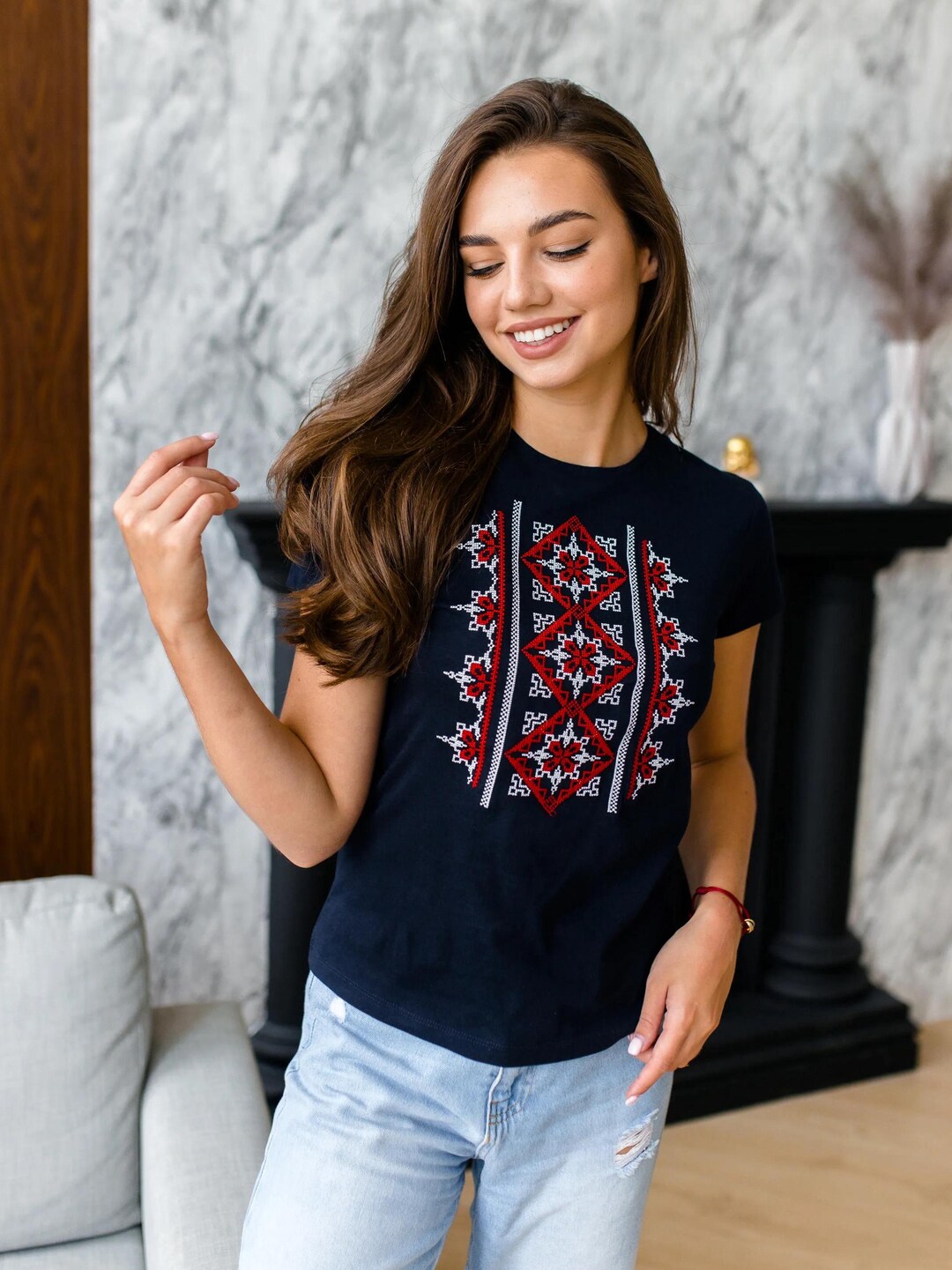 S. Slavic Embroidered Top. Navy Blue Embroidered T-shirt. Boho Chic ...