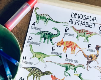 Dinosaurs Alphabet Poster Watercolor Dino Nursery Wall Decor A-Z Kid ...