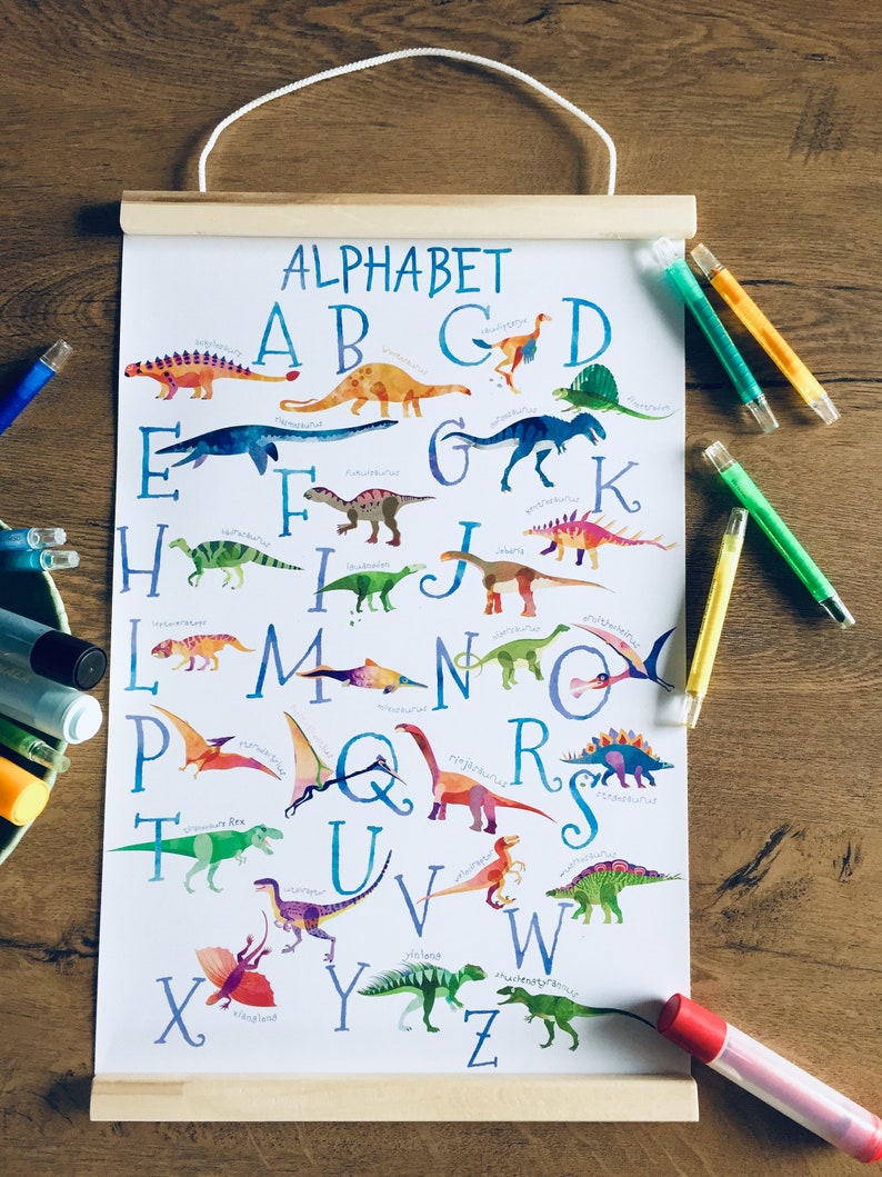 Dinosaurs Alphabet Poster Watercolor Dino Nursery Wall Decor A-Z Kid ...