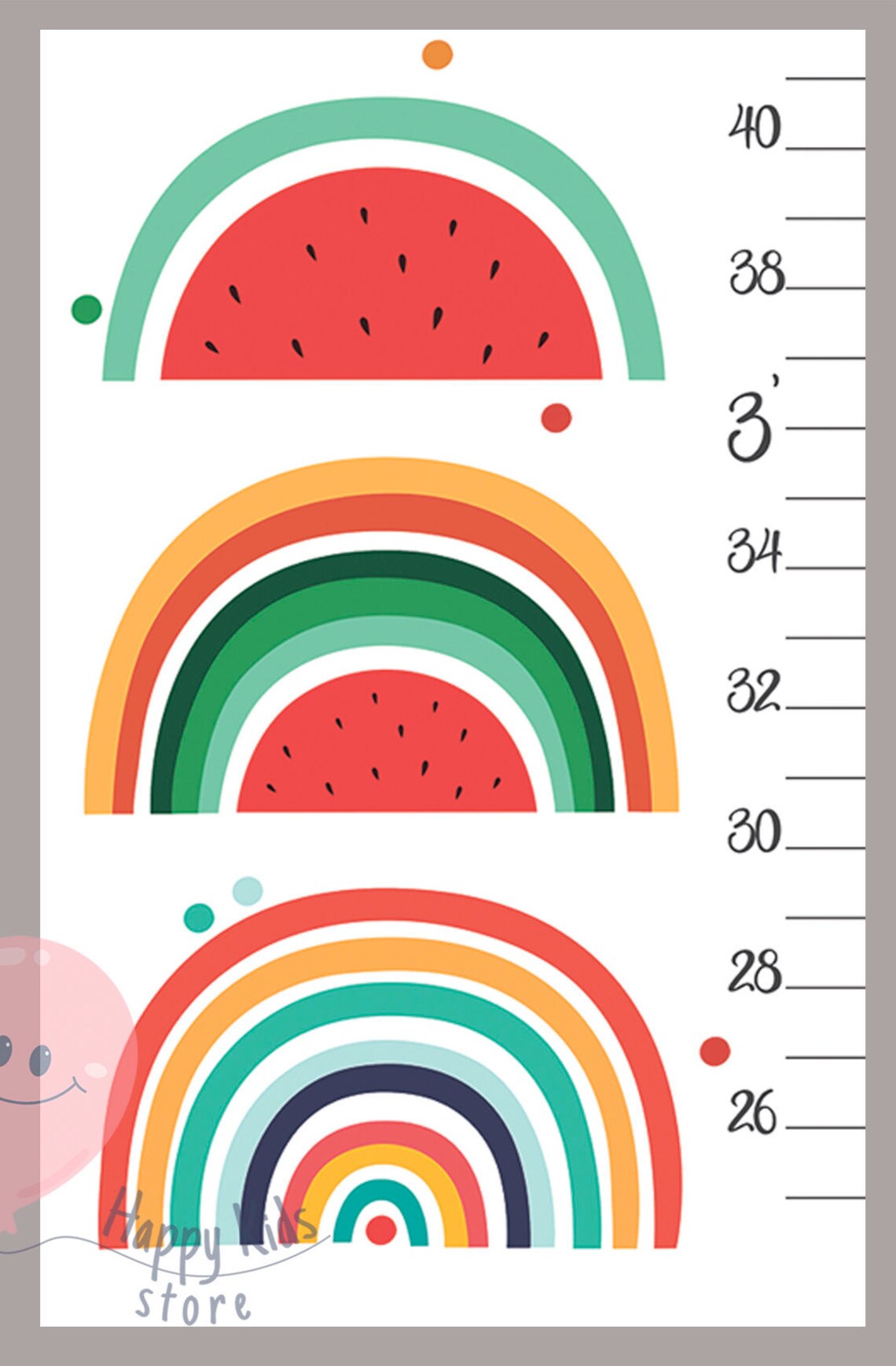 Height Chart Rainbows With Watermelon Girl Growth Chart - Etsy