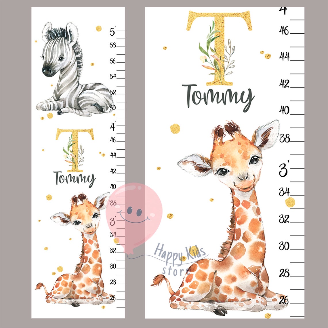 Height chart Safari animals Jungle growth chart Giraffe and | Etsy