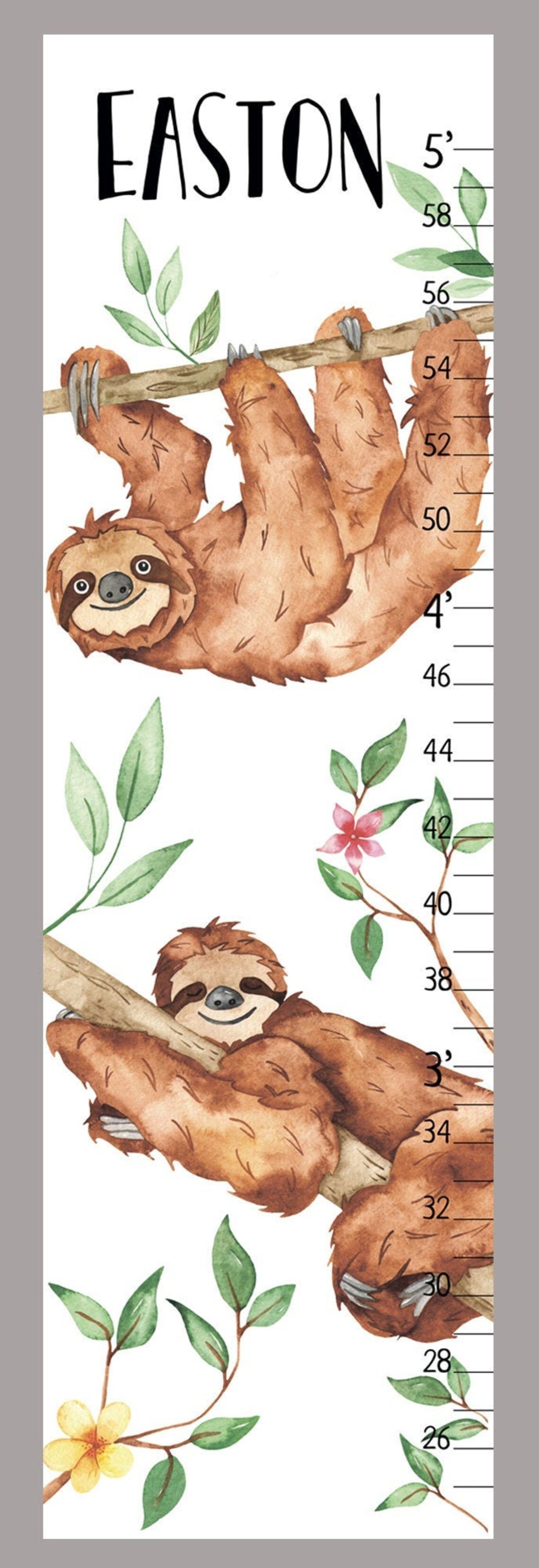 Sloth Growth Chart Cute Animals Nursery Art Canvas | Etsy