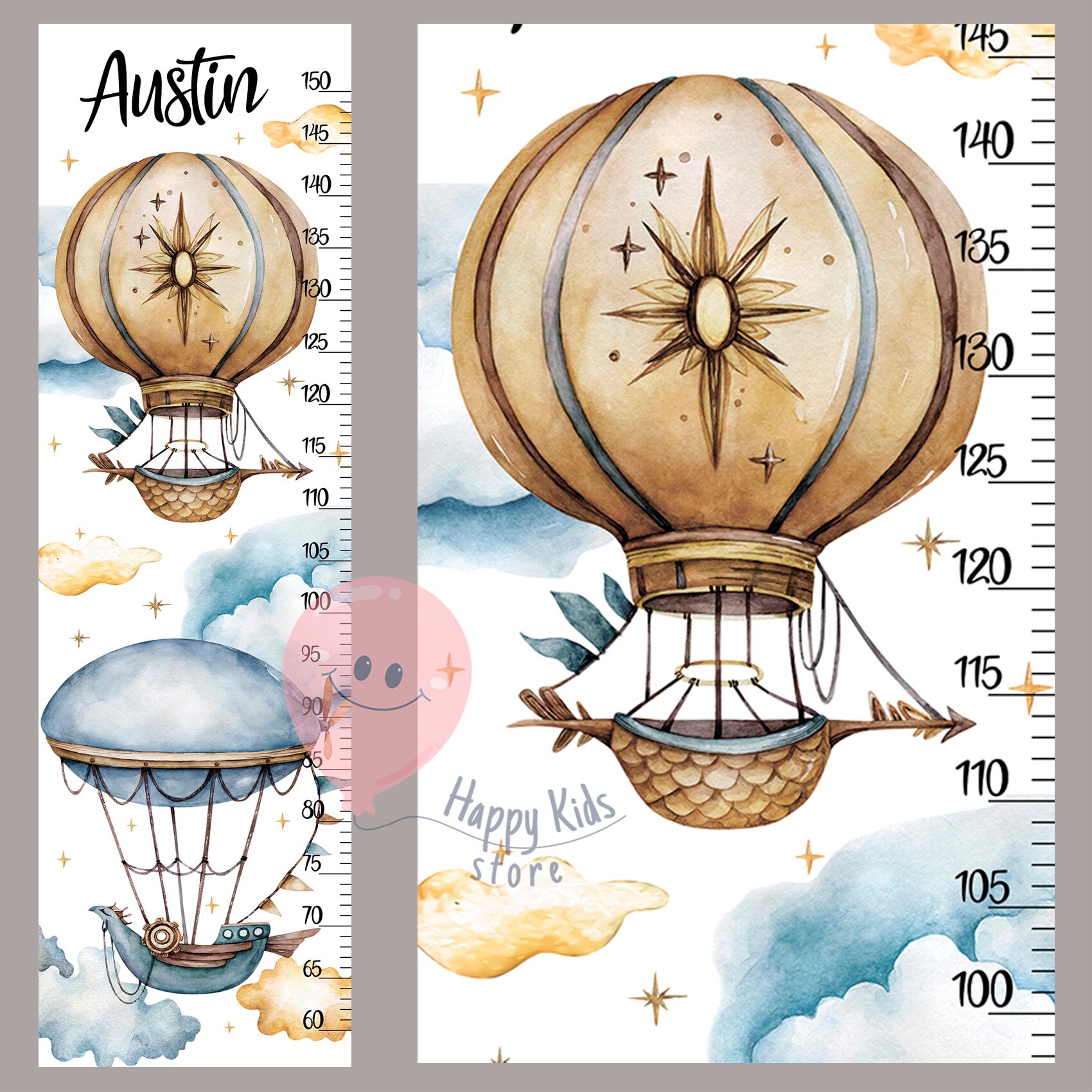 Hot Air Balloons Growth Chart Boy Height Chart Vintage - Etsy
