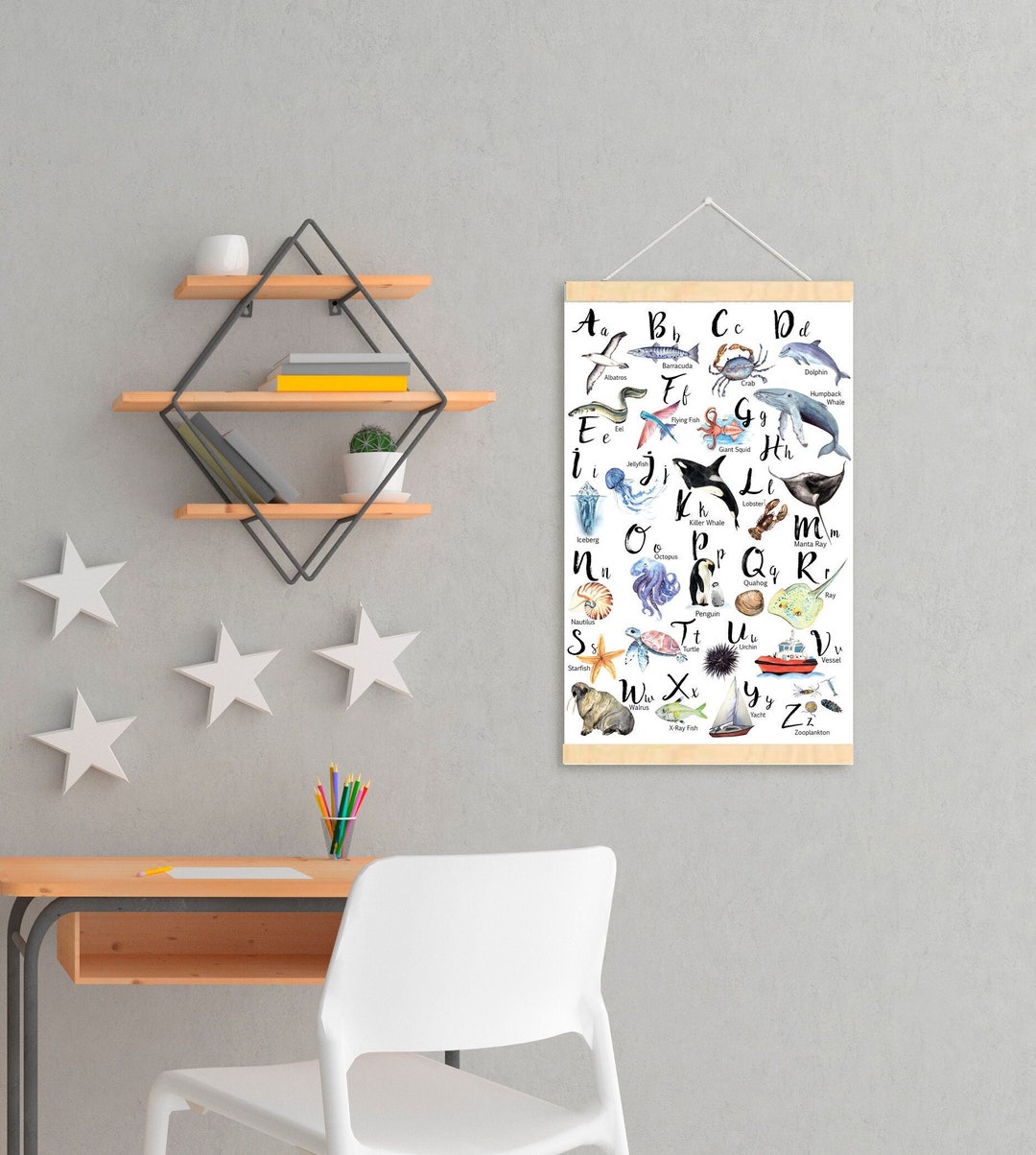 Ocean Themed Alphabet Poster Nautical Sea Creatures Nursery Wall Decor ...