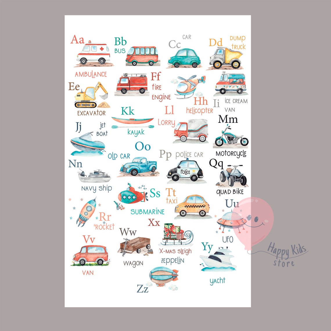 Transportation Alphabet Poster Watercolor Transport Nursery - Etsy