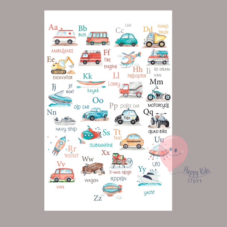 Transportation Alphabet Poster Watercolor Transport Nursery - Etsy