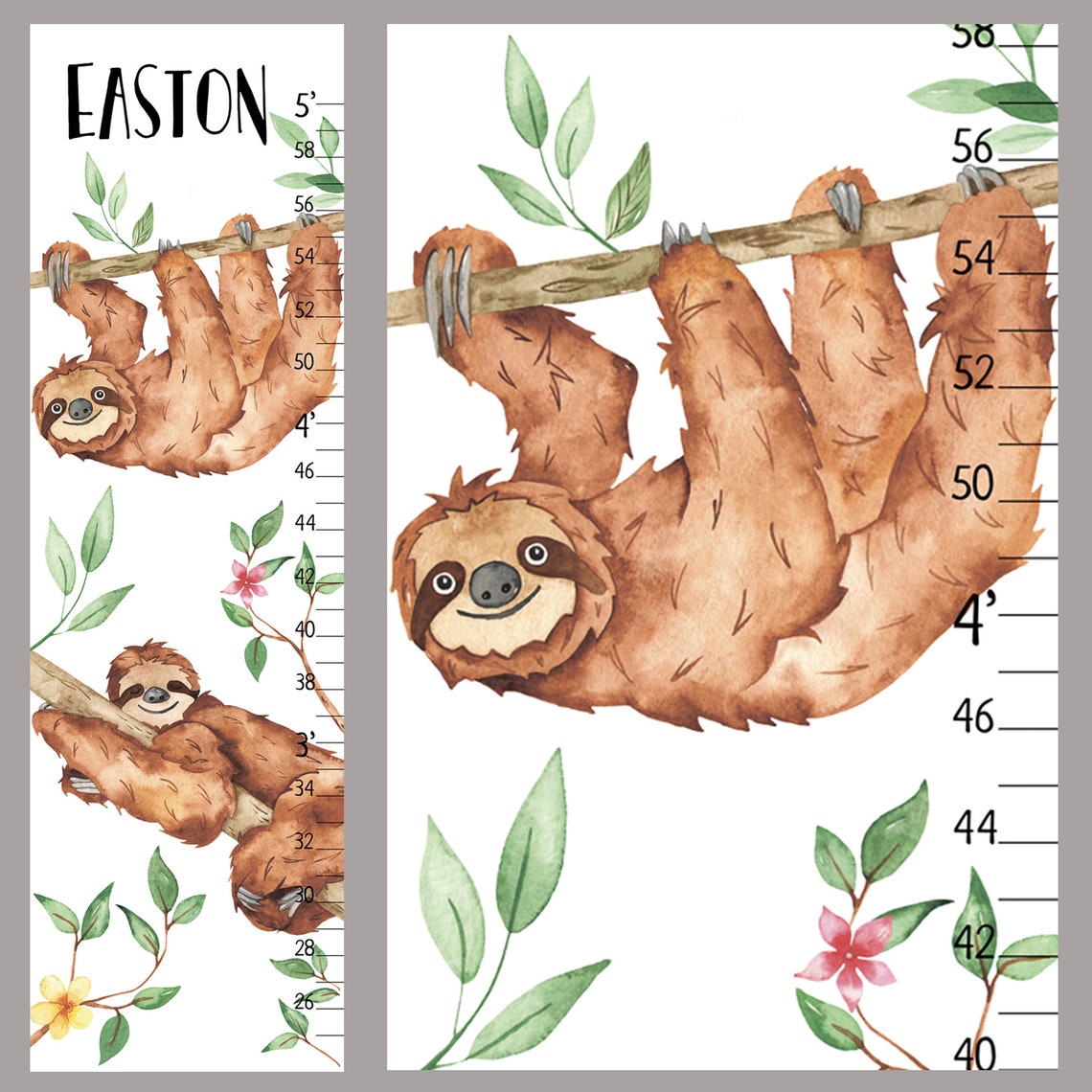 Sloth Growth Chart Cute Animals Nursery Art Canvas - Etsy