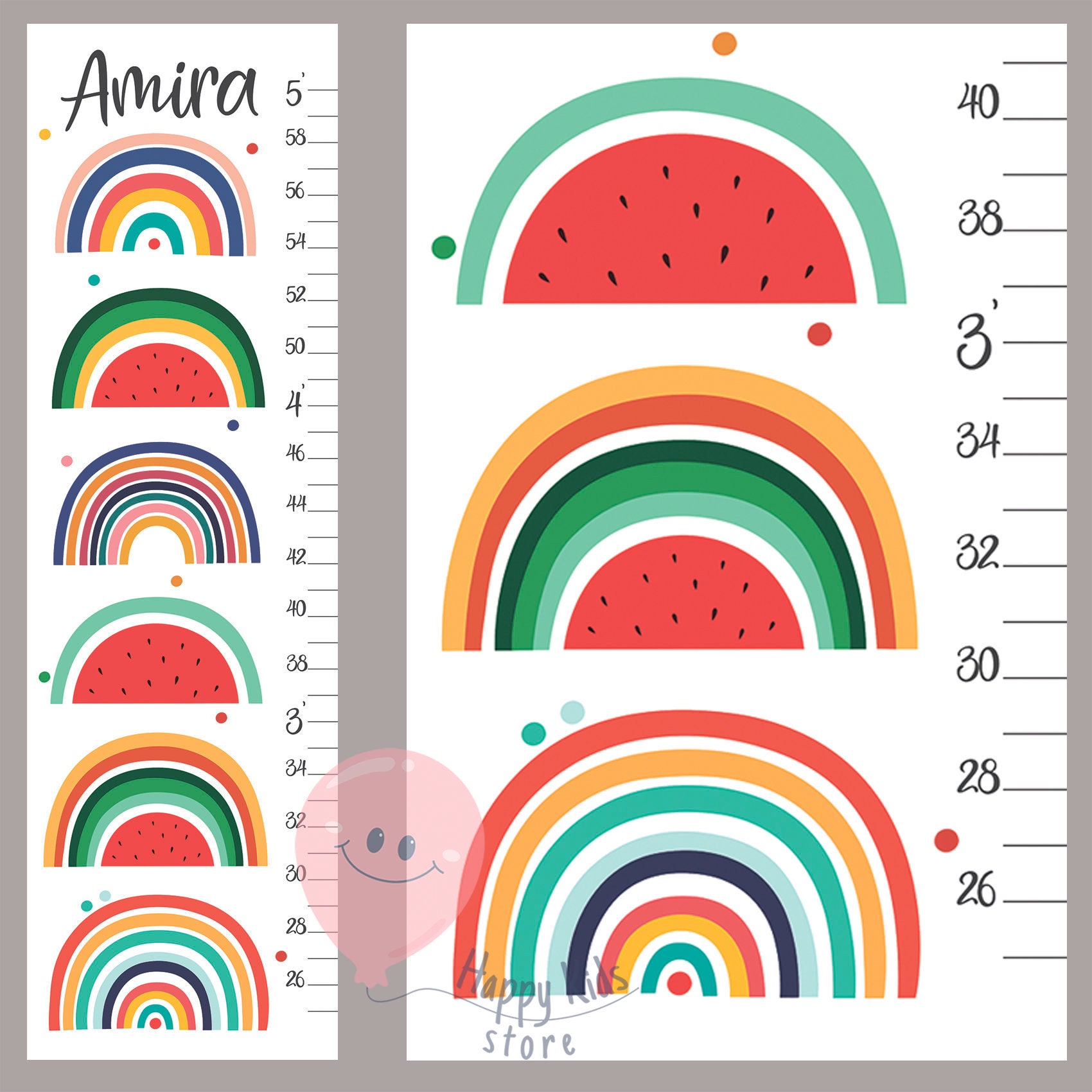 Height Chart Rainbows With Watermelon Girl Growth Chart - Etsy