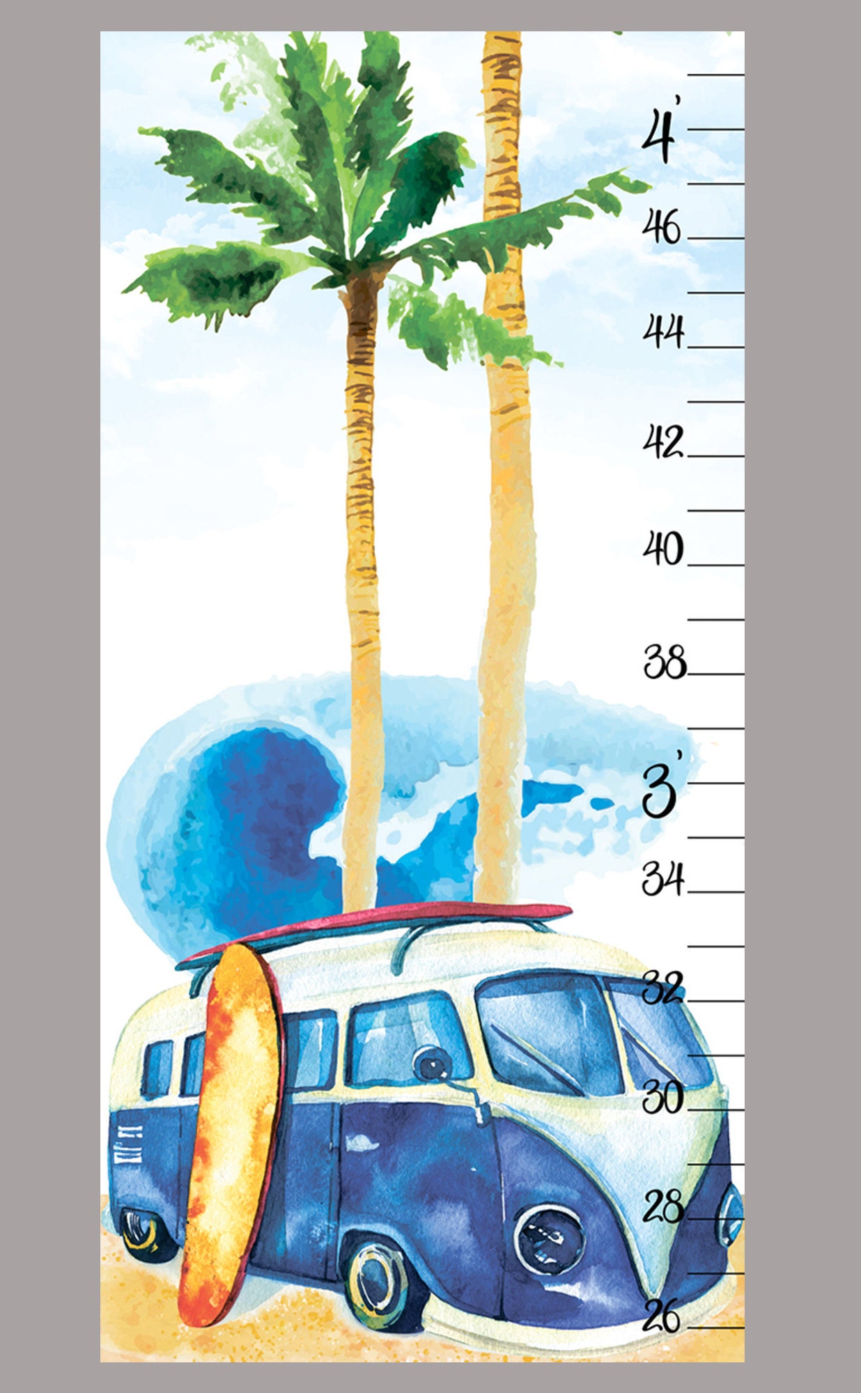 Surfing growth chart Canvas personalized height chart Surf | Etsy
