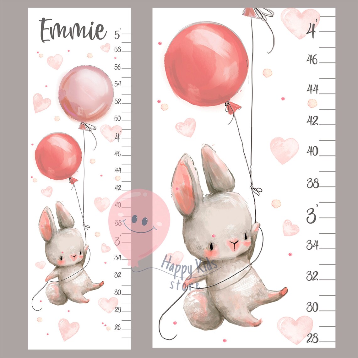 Bunny With Hearts Height Chart Balloons Growth Chart Baby | Etsy