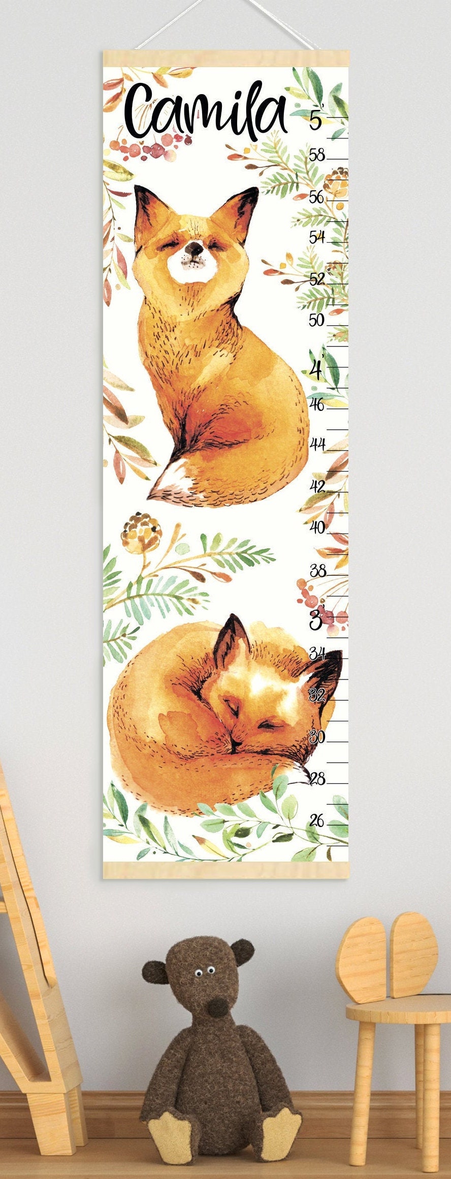 Foxes growth chart Animals nursery wall hanging Canvas | Etsy
