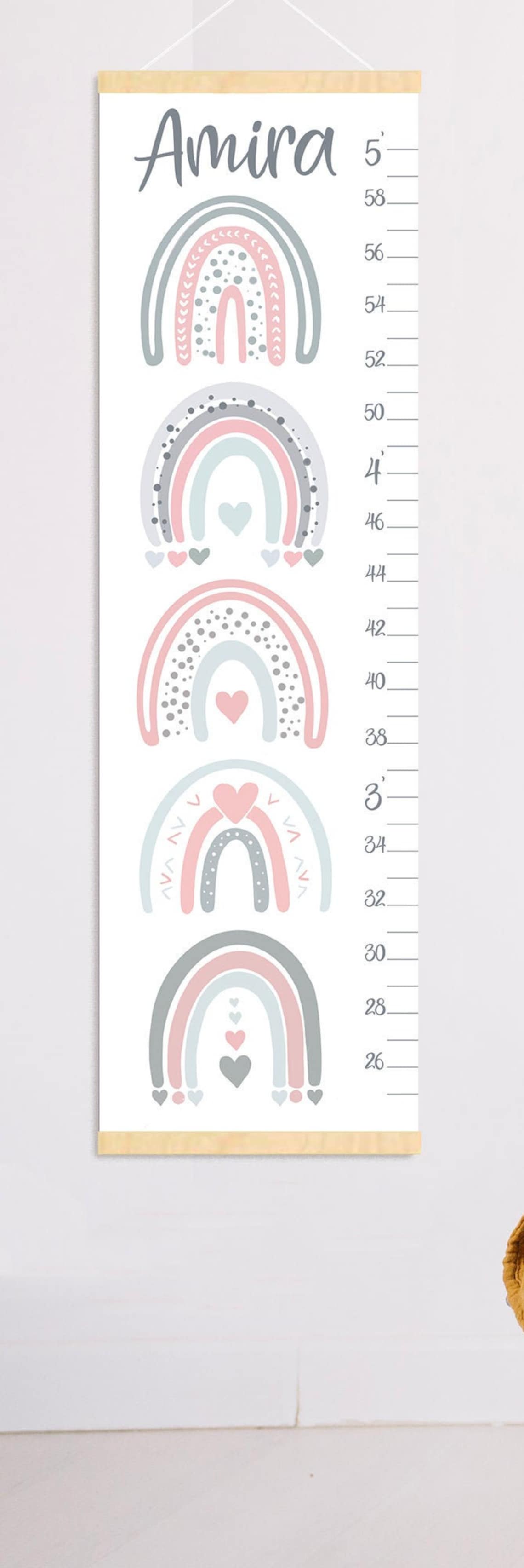 Height chart rainbows with hearts Girl growth chart Pink and | Etsy