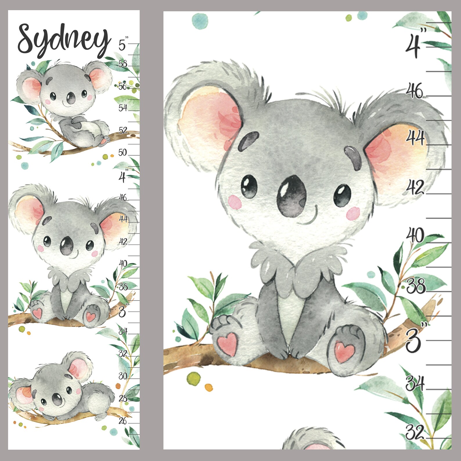 Cute Koala Growth Chart Nursery Art Canvas Personalized Growth | Etsy