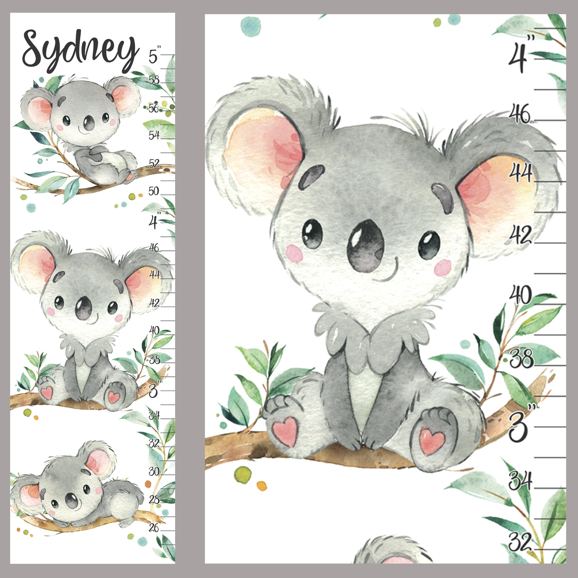 Cute Koala Growth Chart Nursery Art Canvas Personalized Growth | Etsy