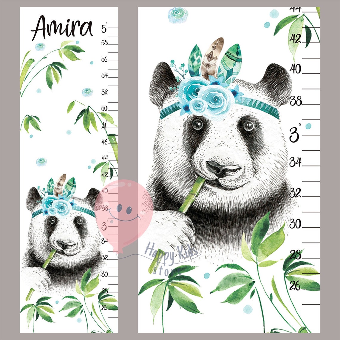 Panda Growth Chart – Boho Kids Wall Height Ruler - Etsy