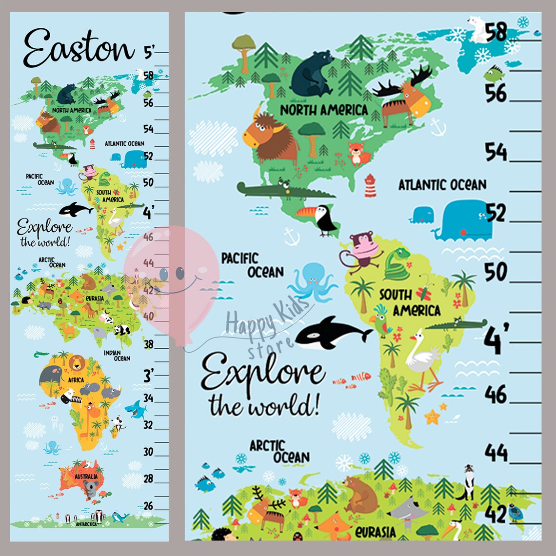 World Map Growth Chart – Baby Animals Nursery Decor, Educational Wall ...