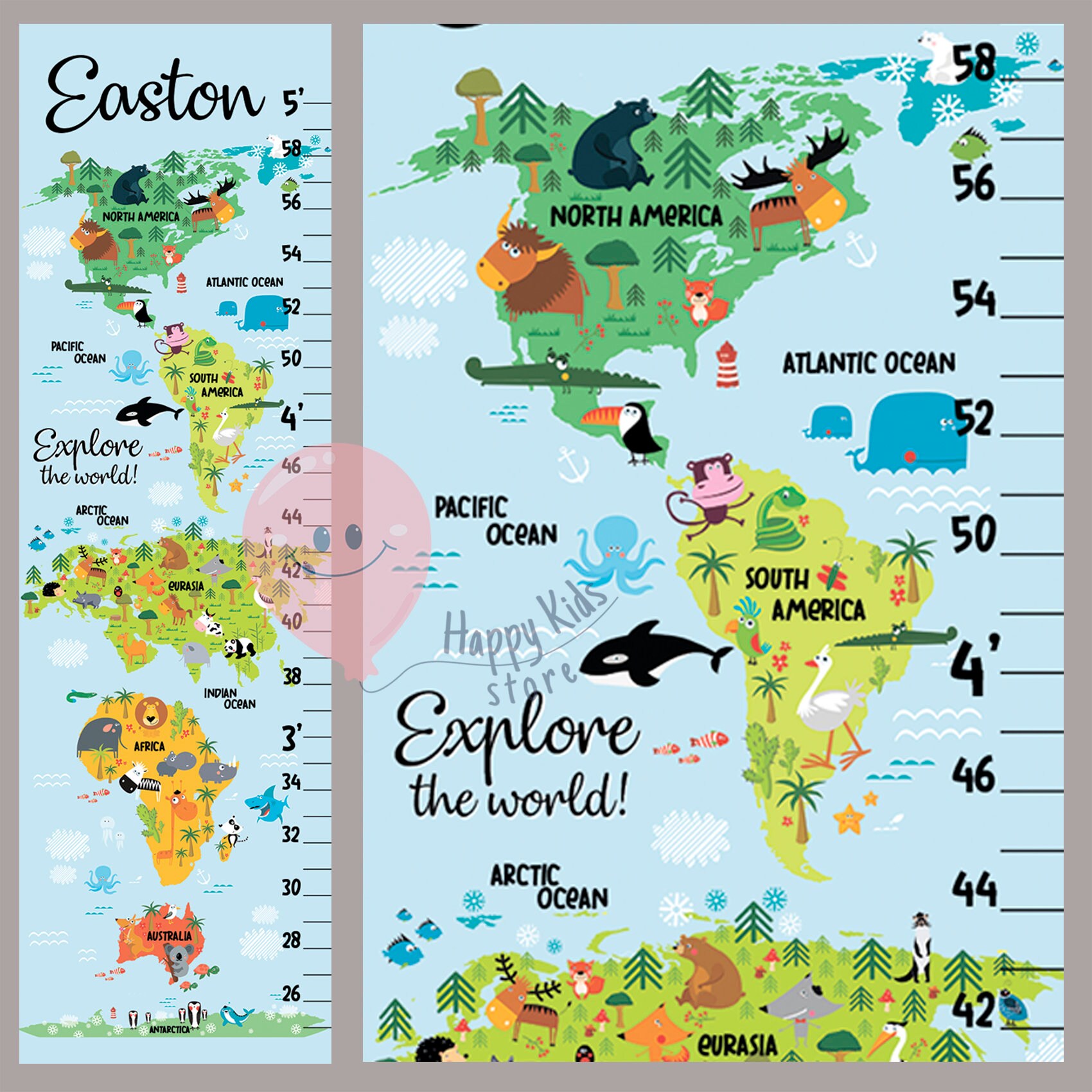 Growth Chart World Map With Baby Animals Explore the World | Etsy