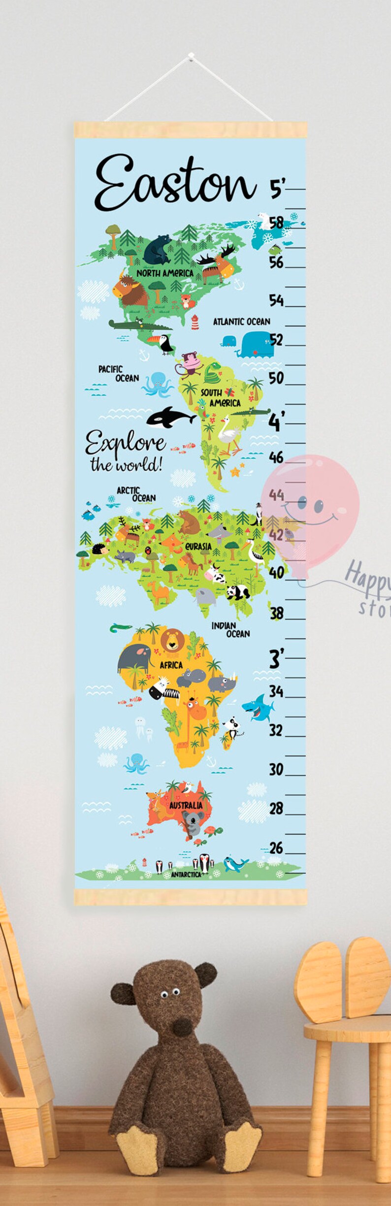 Growth Chart World Map With Baby Animals Explore the World | Etsy