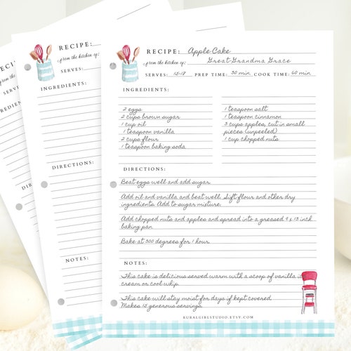 Recipe Binder Filler Paper With Watercolor Illustrations - Etsy