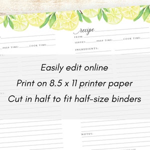 Half-size Editable Recipe Template, Printable Recipe Template, Mini ...