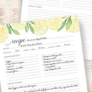 Lemon Greenery Editable Recipe Template, Printable Recipe Template ...