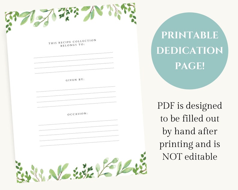 Printable Recipe Binder Dedication Page 8.5 X 11. Non Editable | Etsy